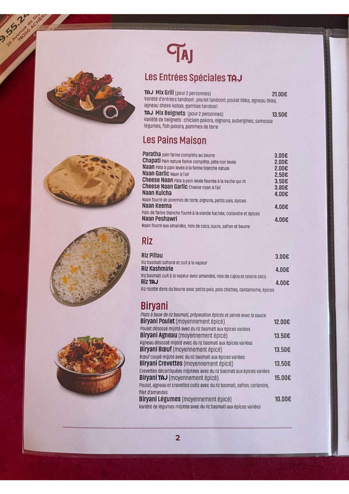 Menù completo e carta 2024 - Taj a Achères | TheFork