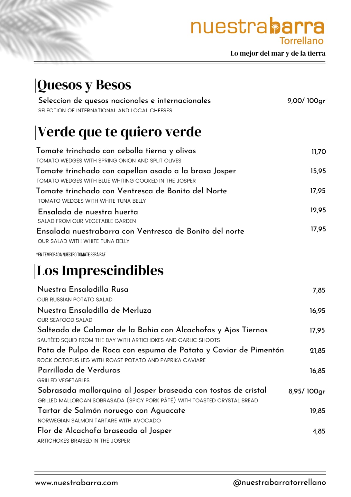 Carte et Menus 2024 - Nuestra Barra Torrellano à Torre del Pla | TheFork
