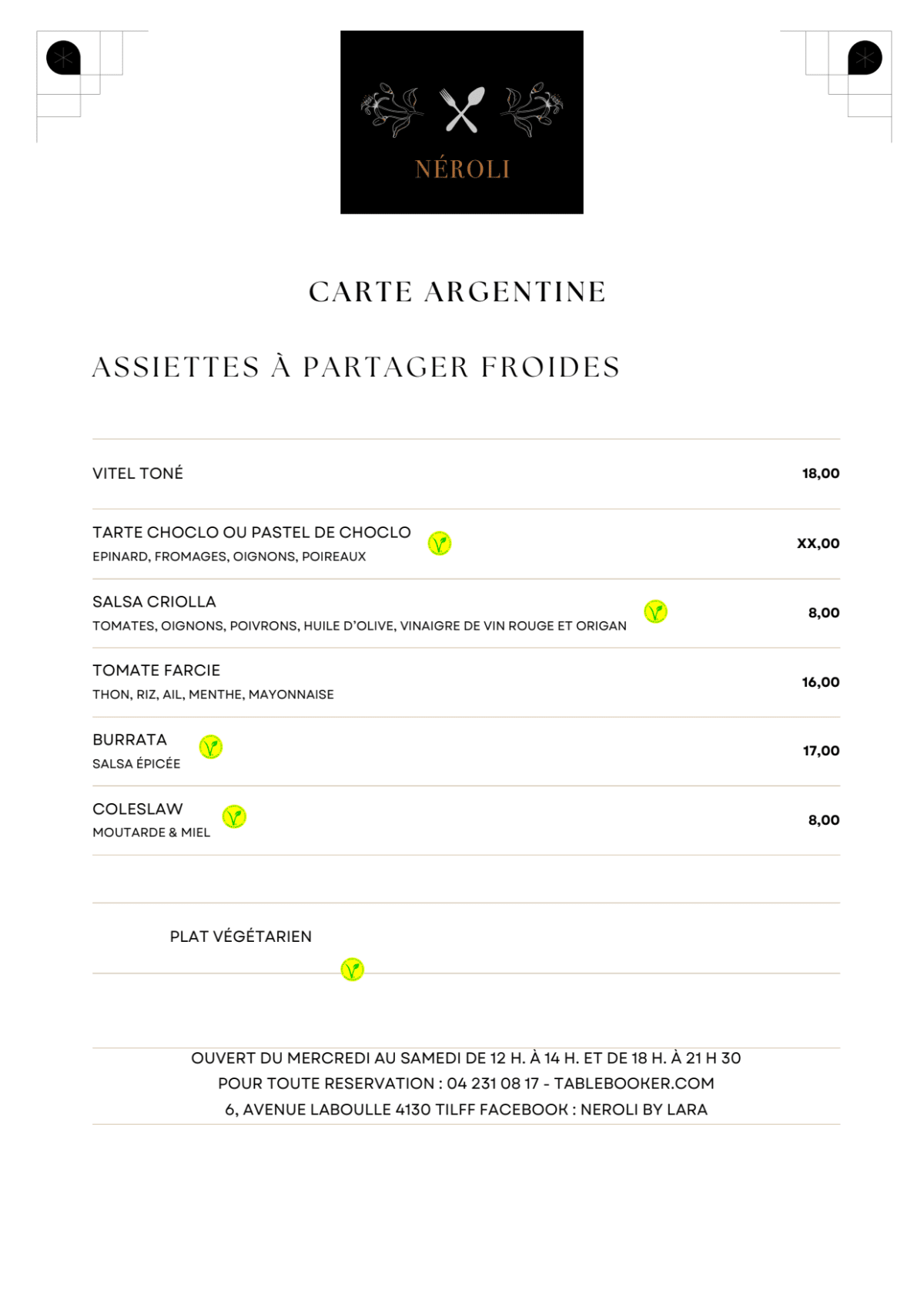 Carte et Menus 2024 - Néroli by Lara à Esneux | TheFork