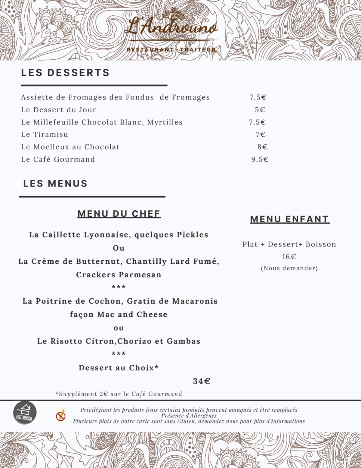 Carte et Menus 2024 - L'Androuno à Châteaudouble | TheFork