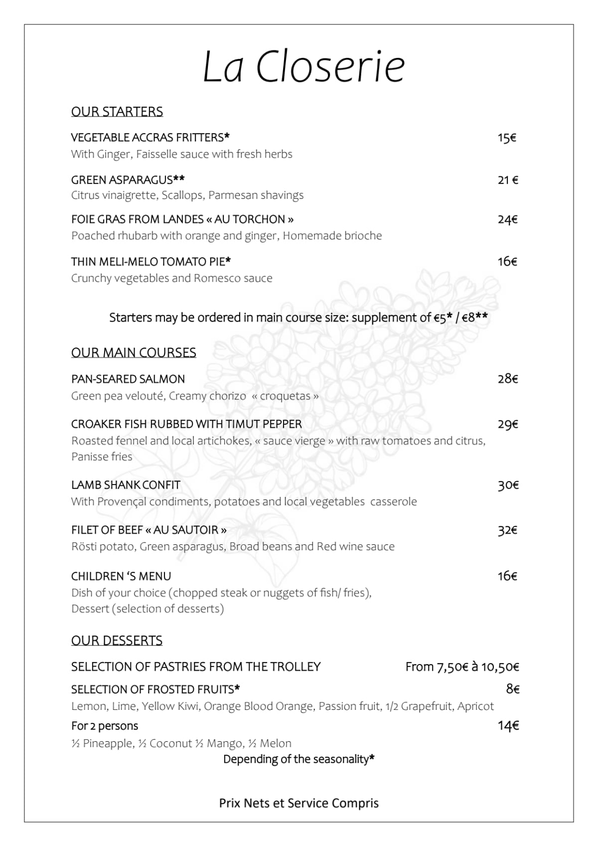 Menus 2024 - Restaurant La Closerie in Antibes | TheFork