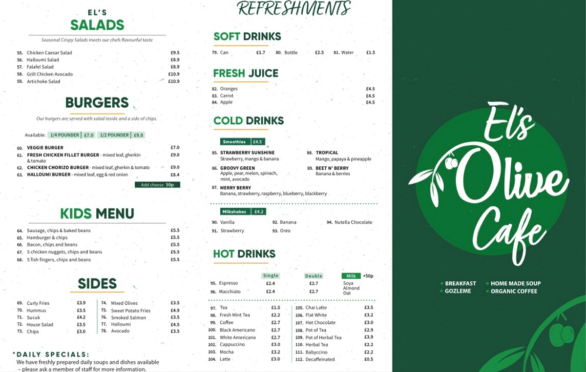 Menu 2024 - El’s Olive Cafe in London | TheFork
