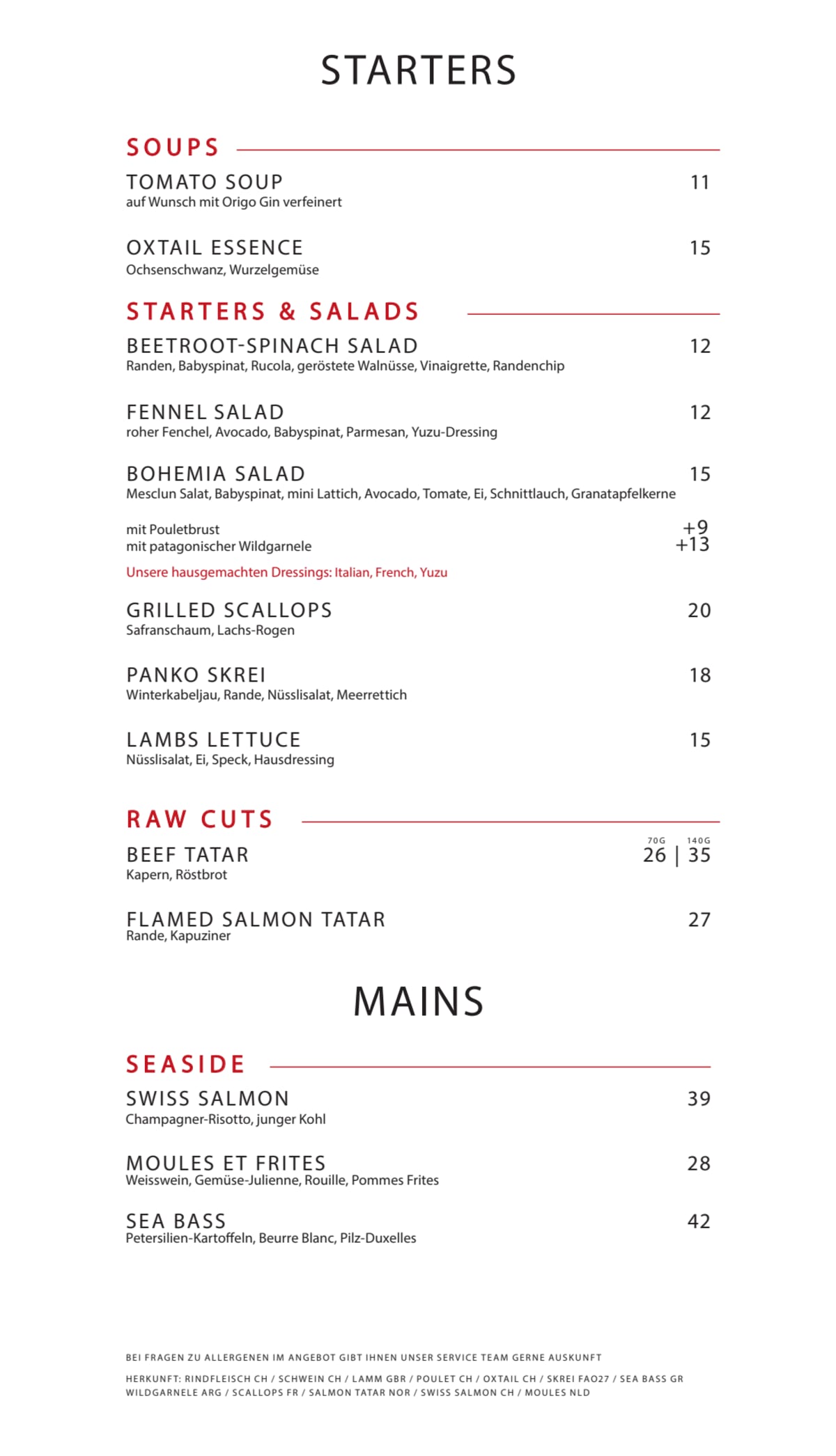 Carte et Menus 2023 - Bohemia Basel à Bâle | TheFork