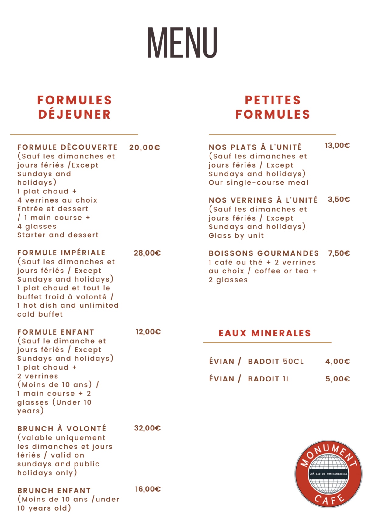 Carte et Menus 2024 - Monument Café Chateau de Fontainebleau à ...