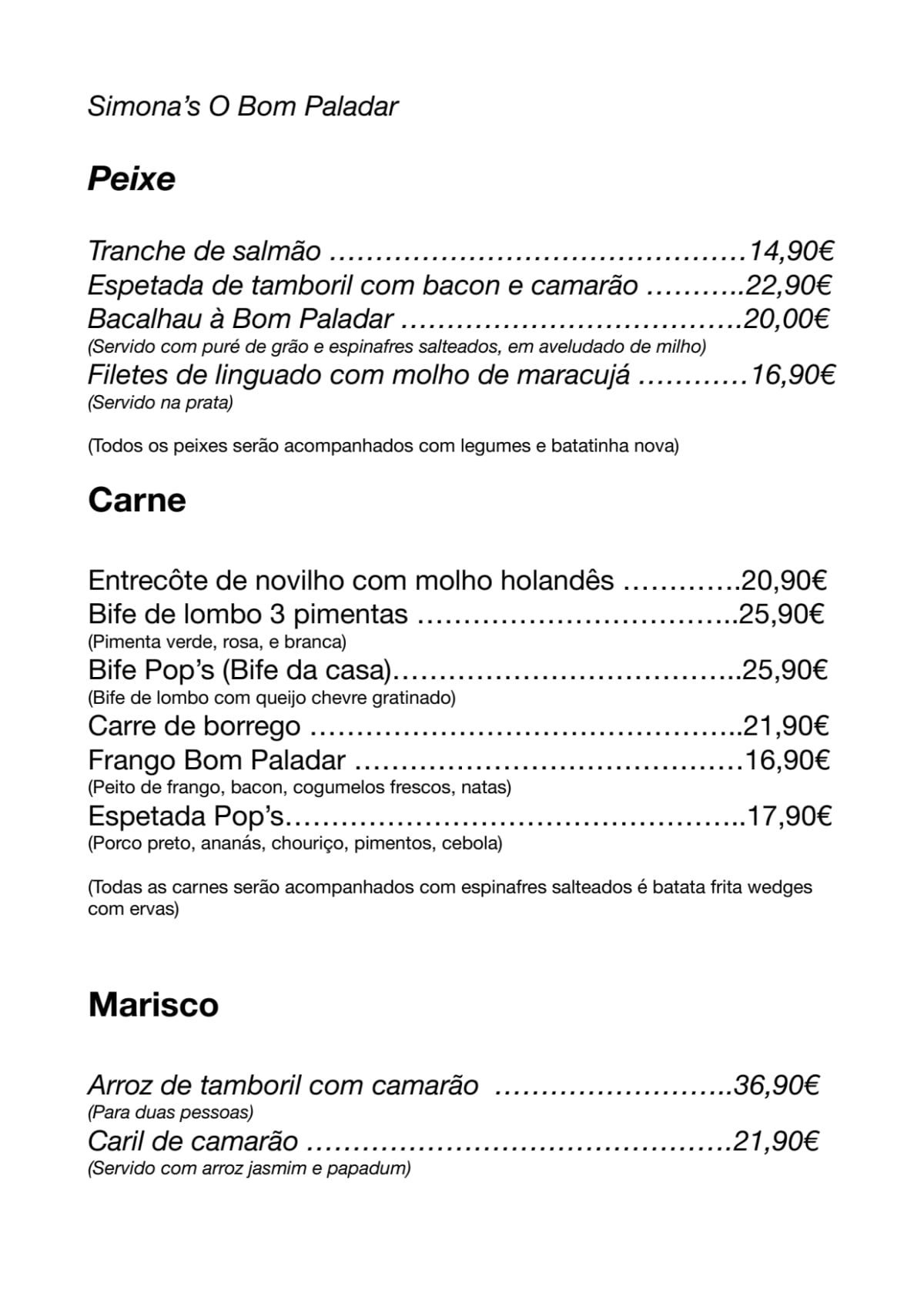 Carte et Menus 2024 - Simona's O Bom Paladar à Escanxinas | TheFork