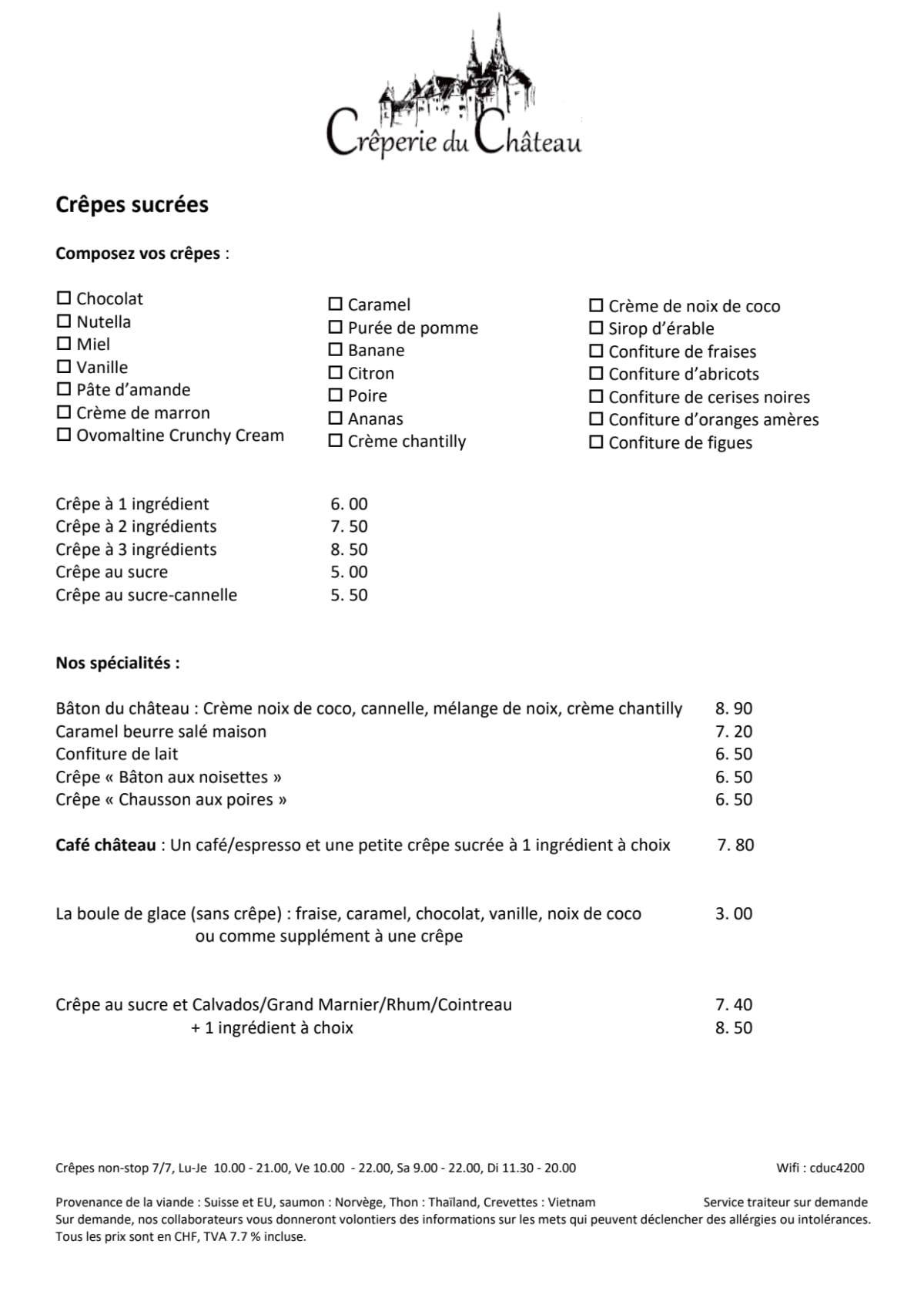 Menù completo e carta 2024 - Crêperie du Château a Neuchâtel | TheFork