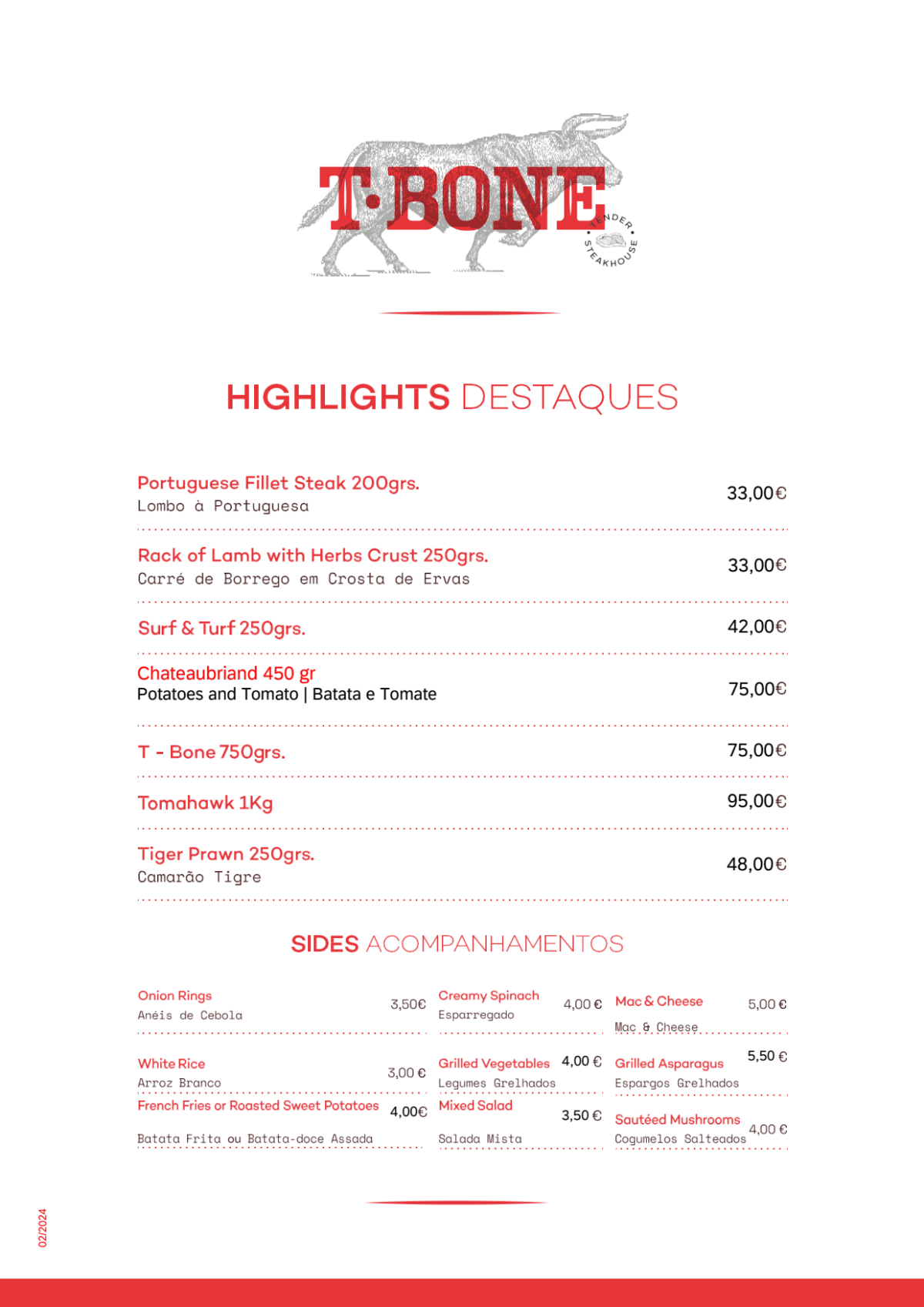 Carte et Menus 2024 - T-Bone Tender Steakhouse & Premium Lounge à Portimão | TheFork