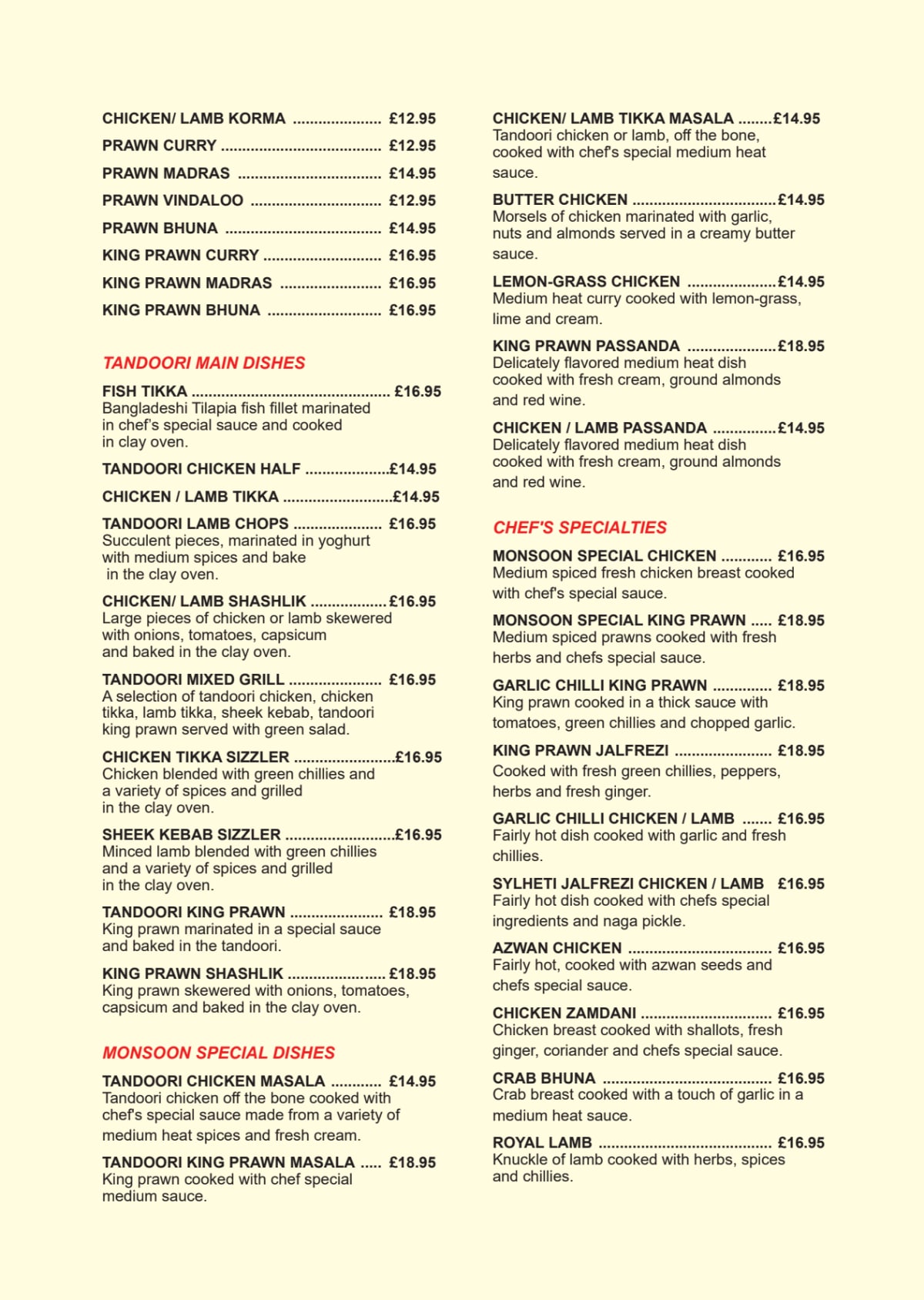 Carte et Menus 2024 - The Monsoon à Londres | TheFork