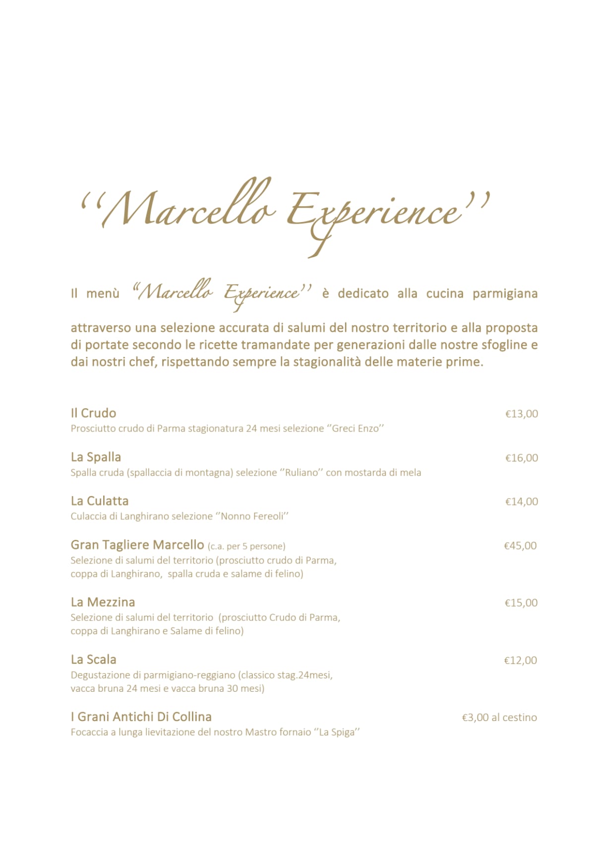 Menù completo e carta 2024 - Marcello Experience Parma a Langhirano ...
