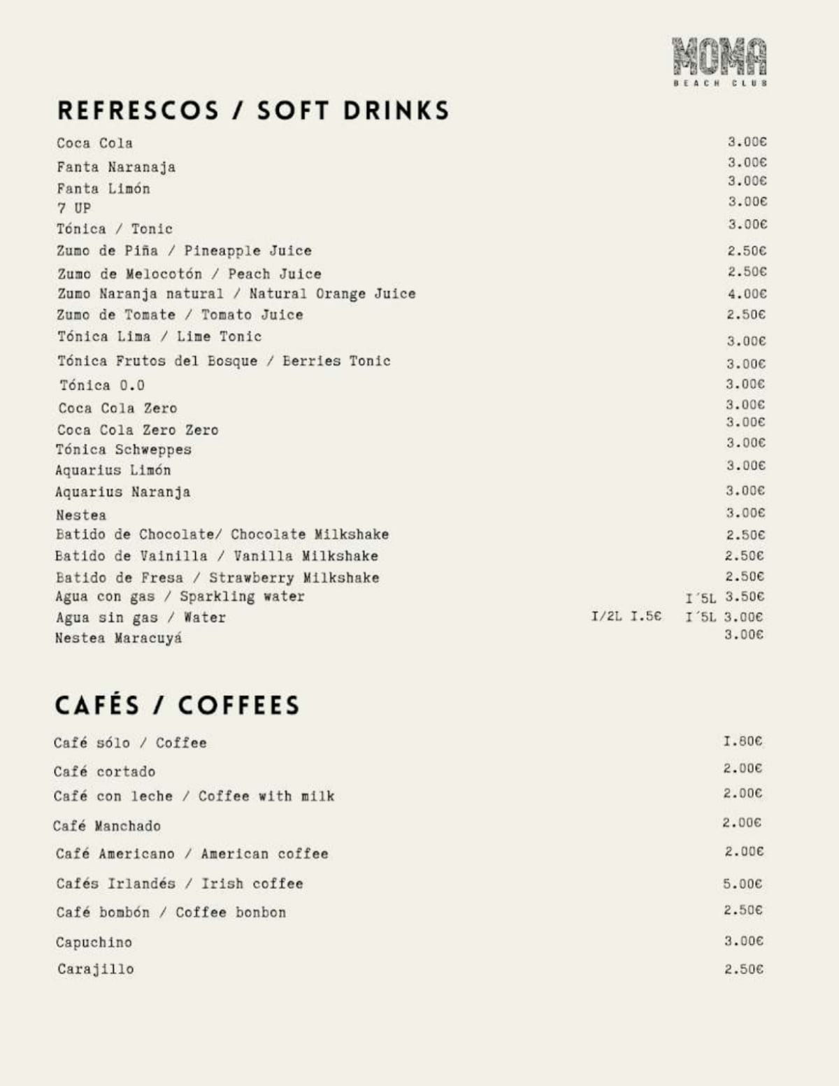 Carte et Menus 2024 - Moma Beach Club à Torremolinos | TheFork