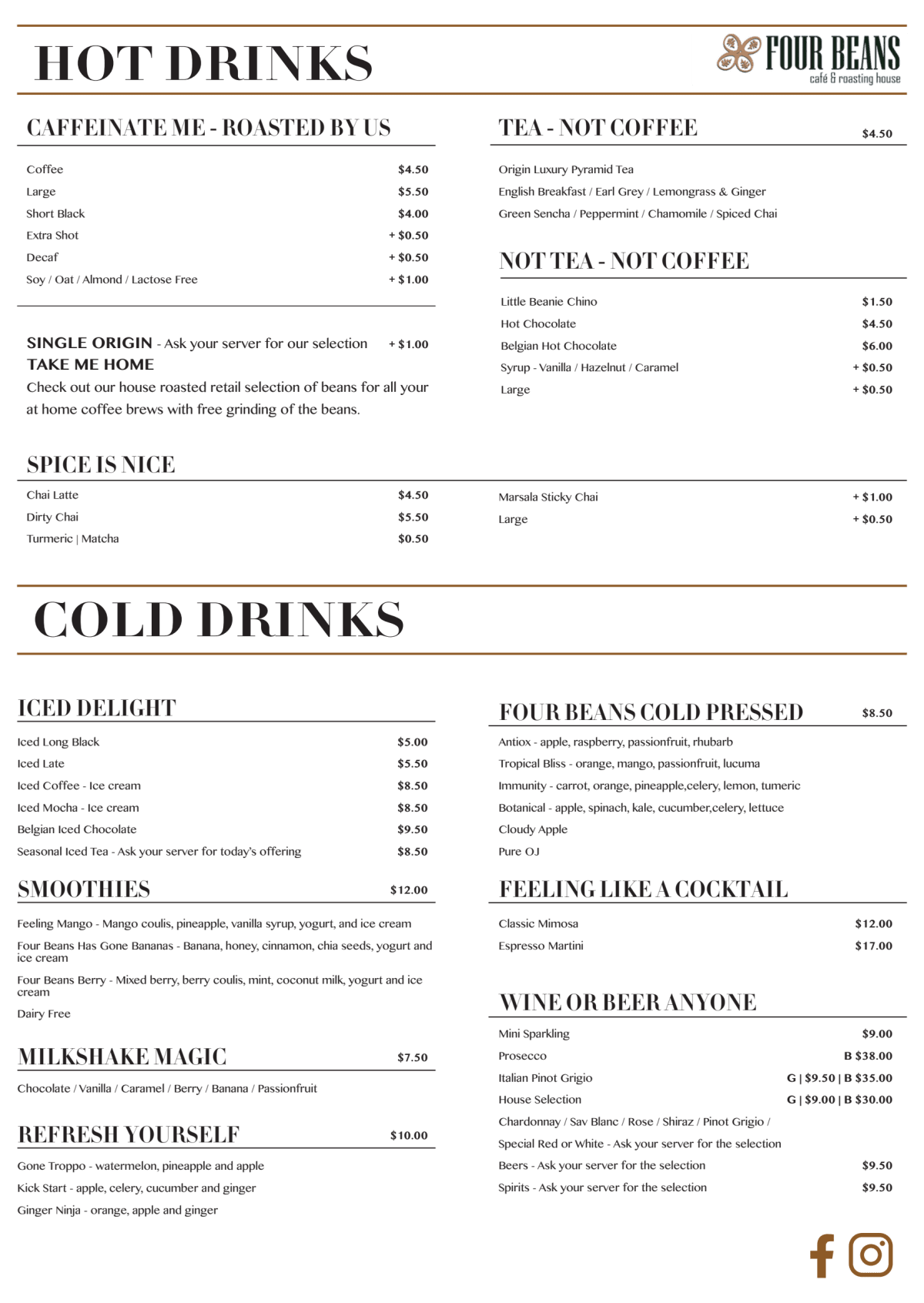 Menu 2024 - Four Beans Cafe in Northcote (VIC) | TheFork