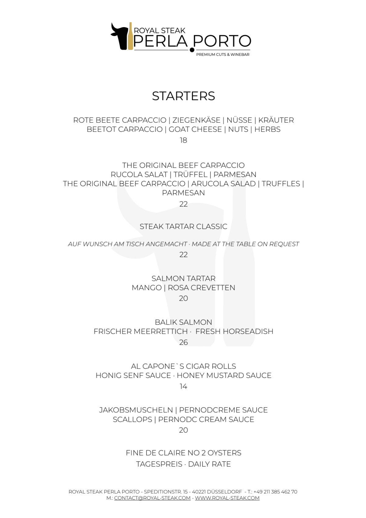 Carte et Menus 2024 - Royal Steak Perla Porto à Düsseldorf | TheFork