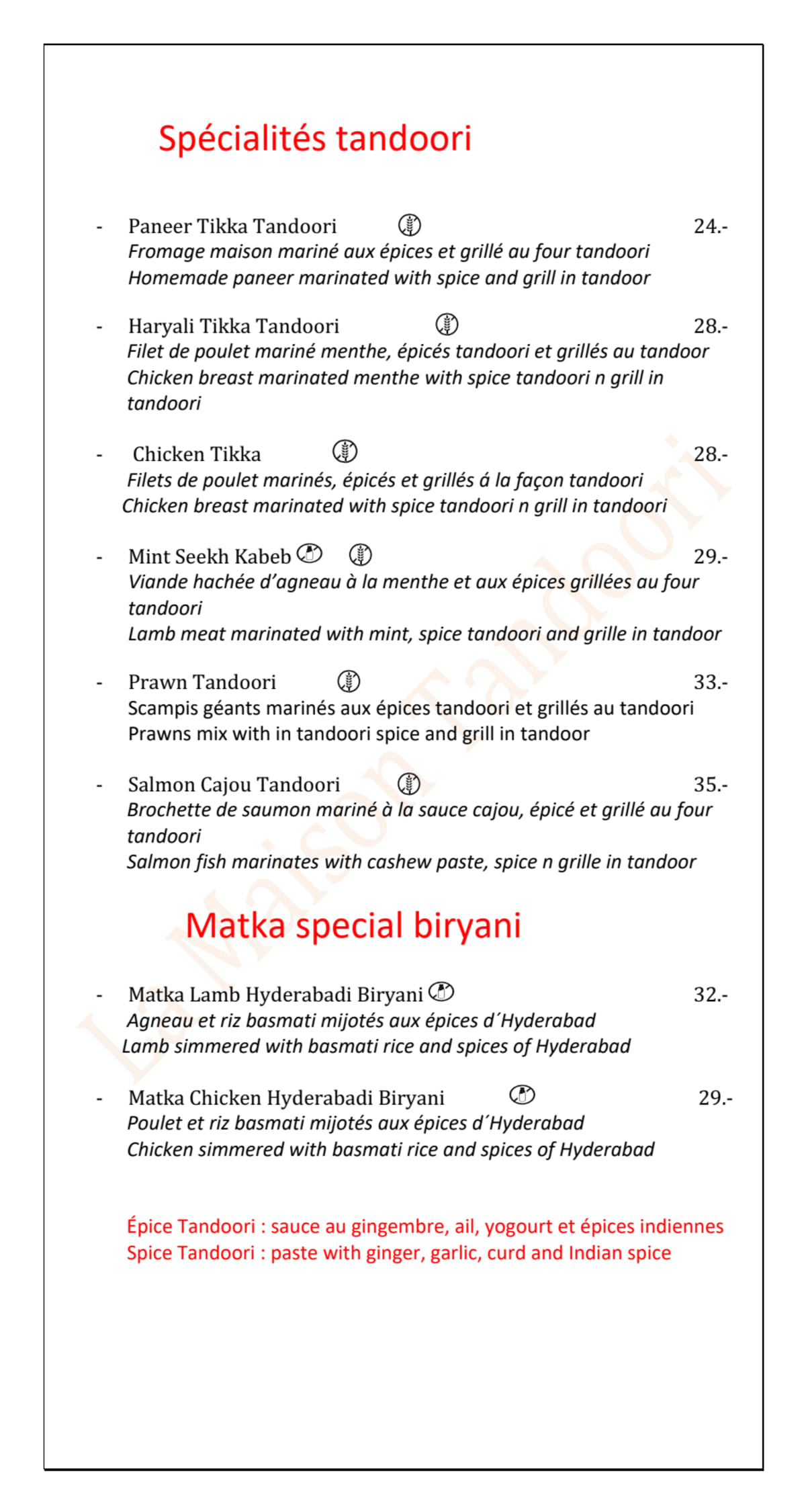 Menu 2024 - La Maison Tandoori in Bussigny-près-Lausanne | TheFork