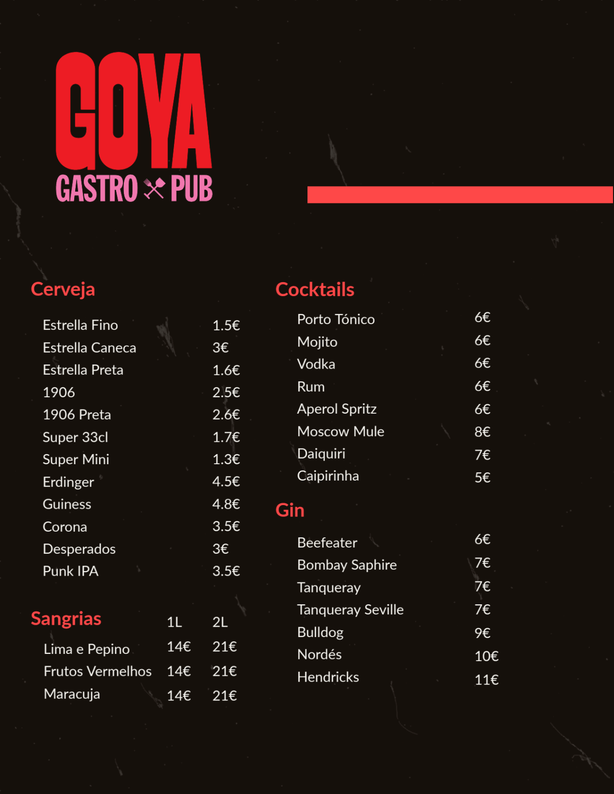 Menus 2024 - Goya Gastropub in Vila do Conde | TheFork