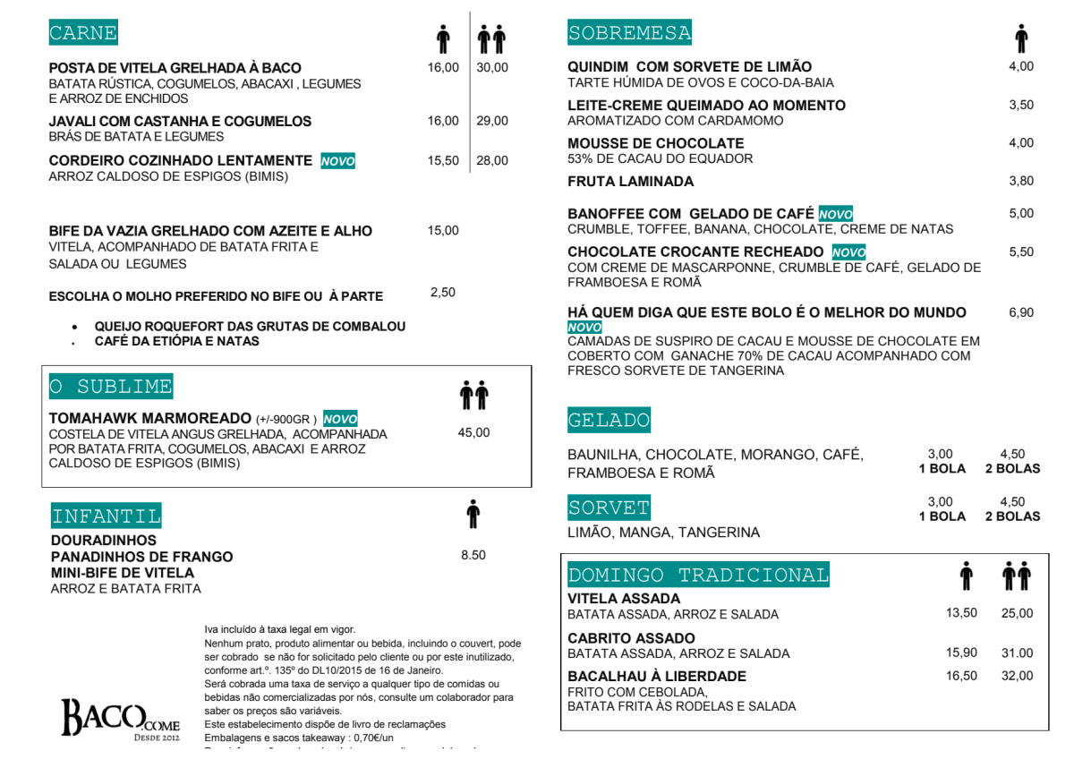 Carte et Menus 2024 - Baco.Come à Santa Maria da Feira | TheFork