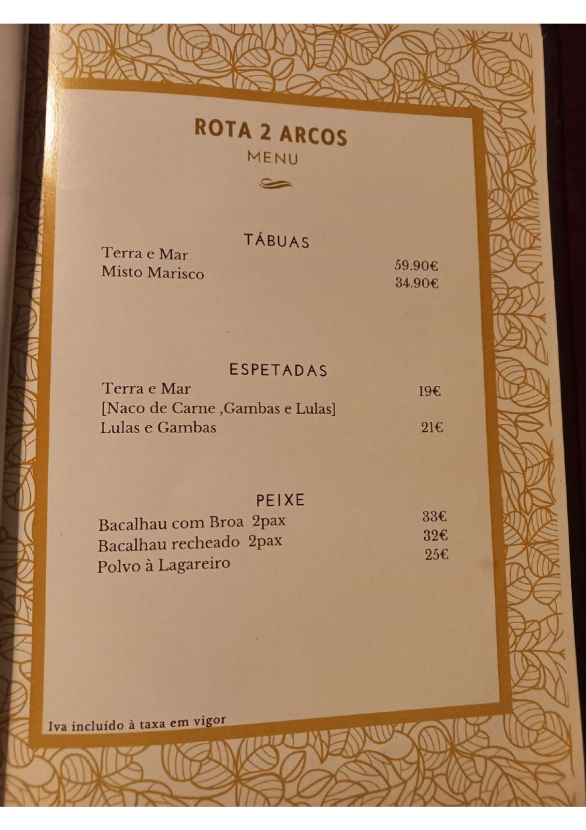 Carte et Menus 2024 - ROTA 2 ARCOS à Guimarães | TheFork