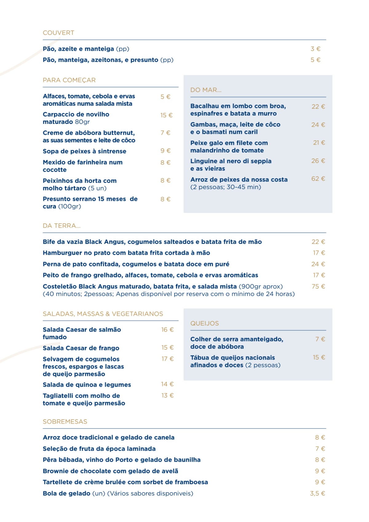 Speisekarte 2024 – Miranda Restaurant & Terrace Bar in Sintra – TheFork