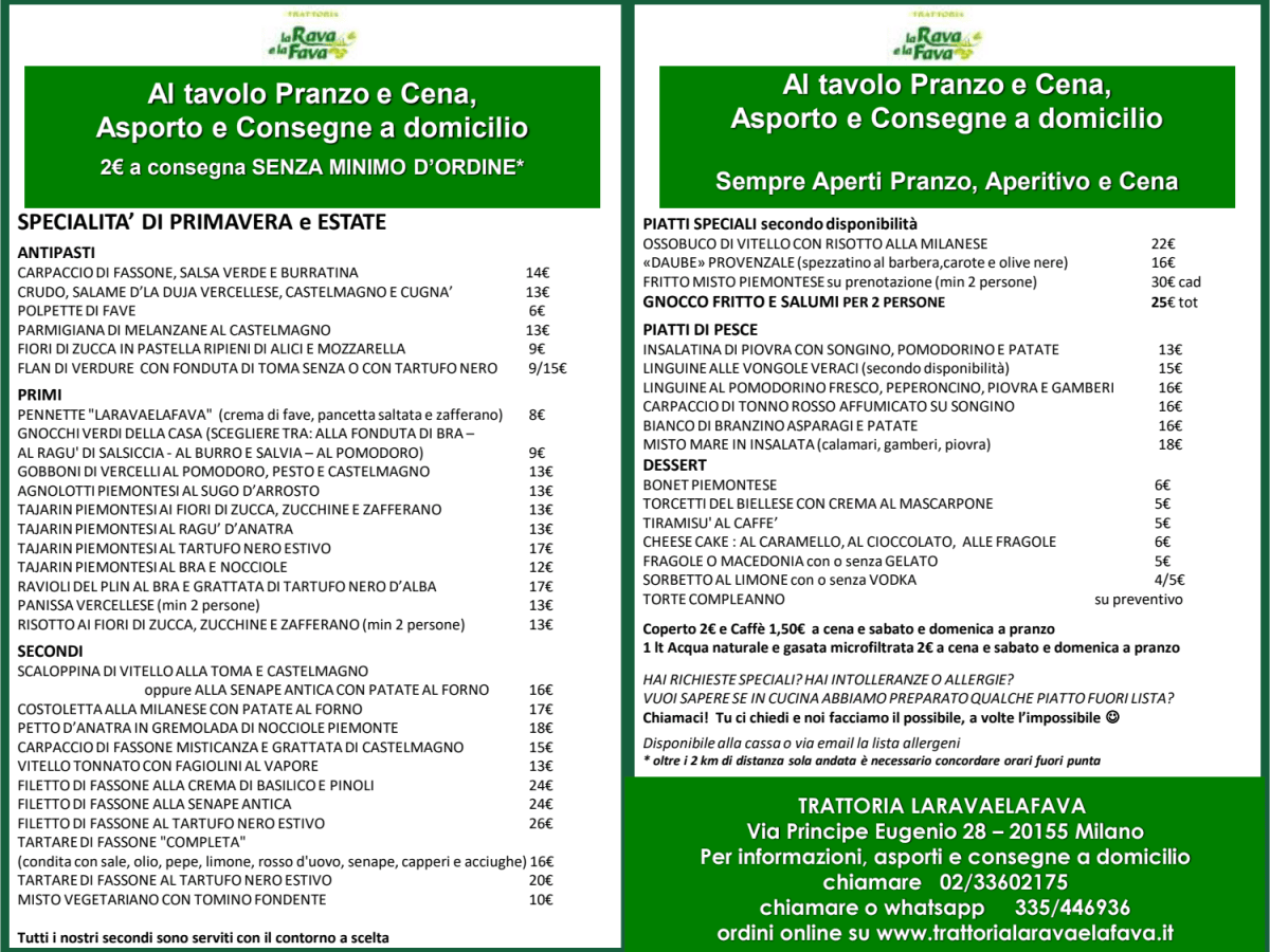 Menù completo e carta 2024 - Trattoria La Rava e La Fava a Milano | TheFork