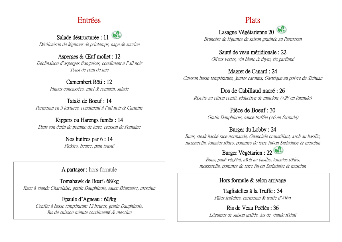 Carte et Menus 2023 - Le Lobby à Amiens | TheFork