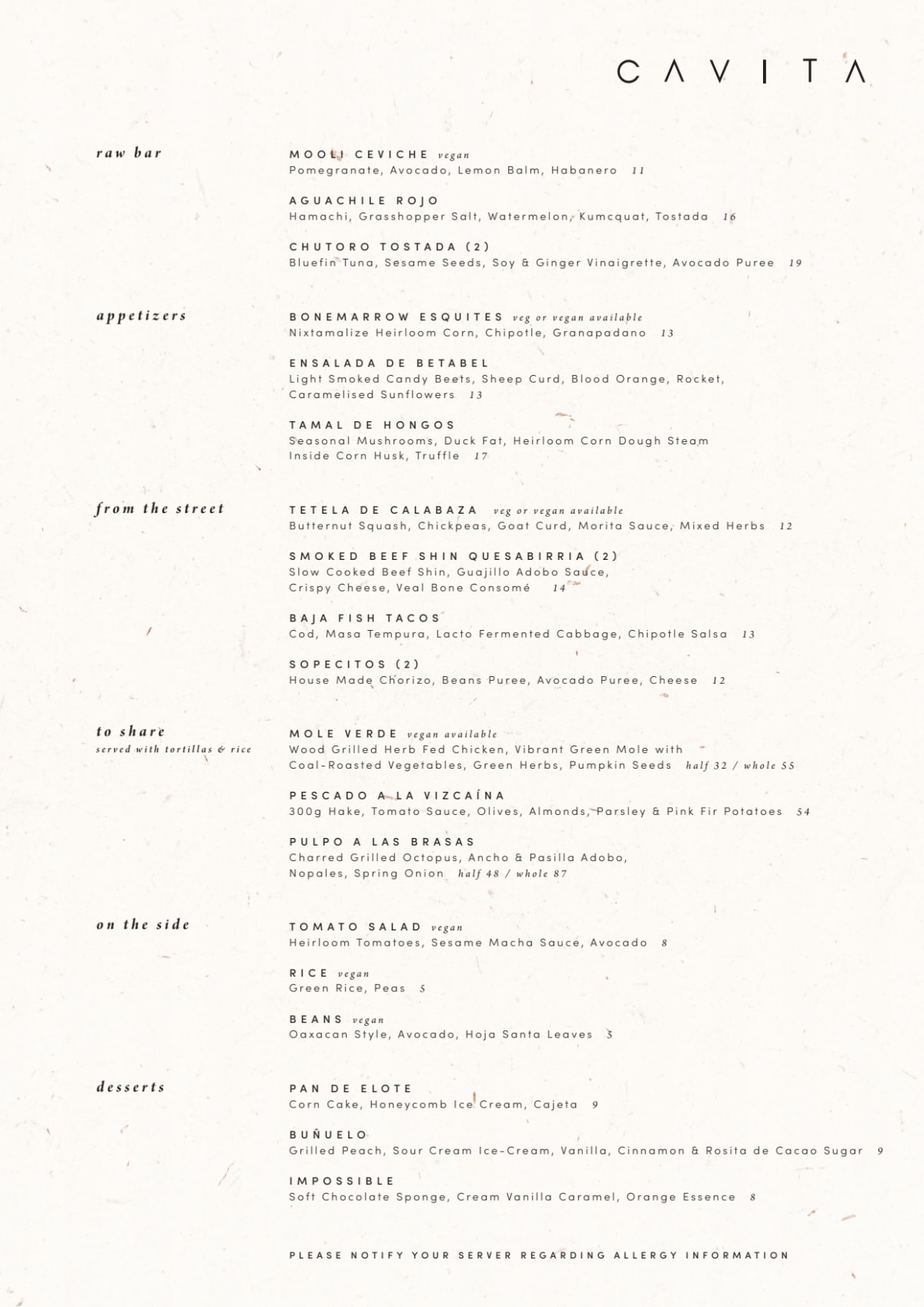 Speisekarte 2024 – Cavita Restaurant in London – TheFork