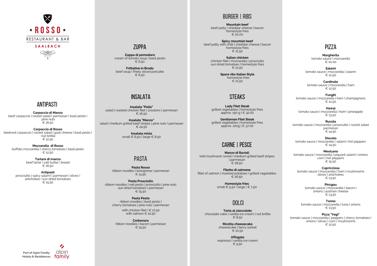 Menu 2024 - Rosso Restaurant&Bar in Saalbach | TheFork