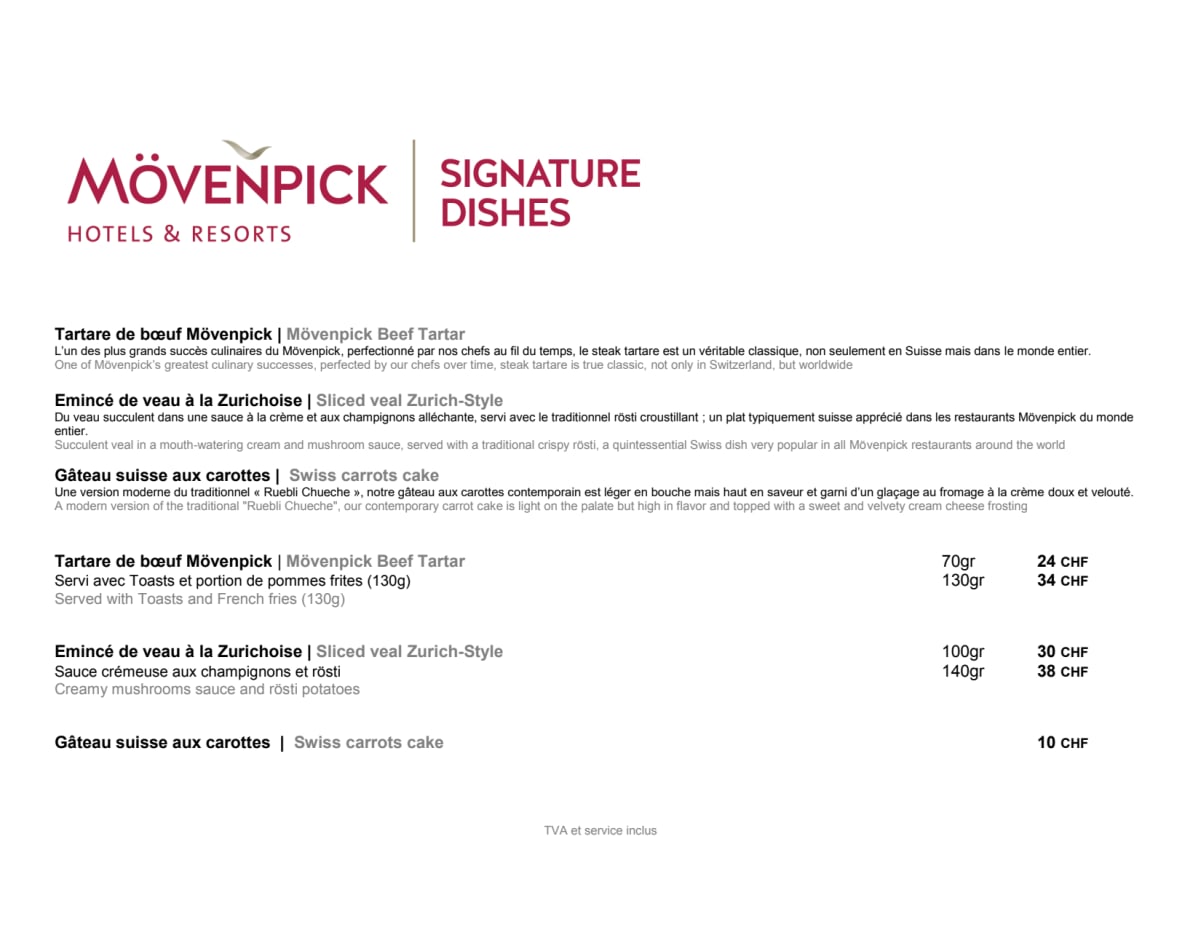 Carte et Menus 2023 - Mövenpick Restaurant Lausanne à Lausanne | TheFork