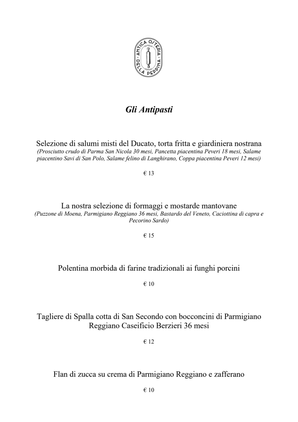 Menus 2024 - Antica Osteria della Peppina in Alseno | TheFork