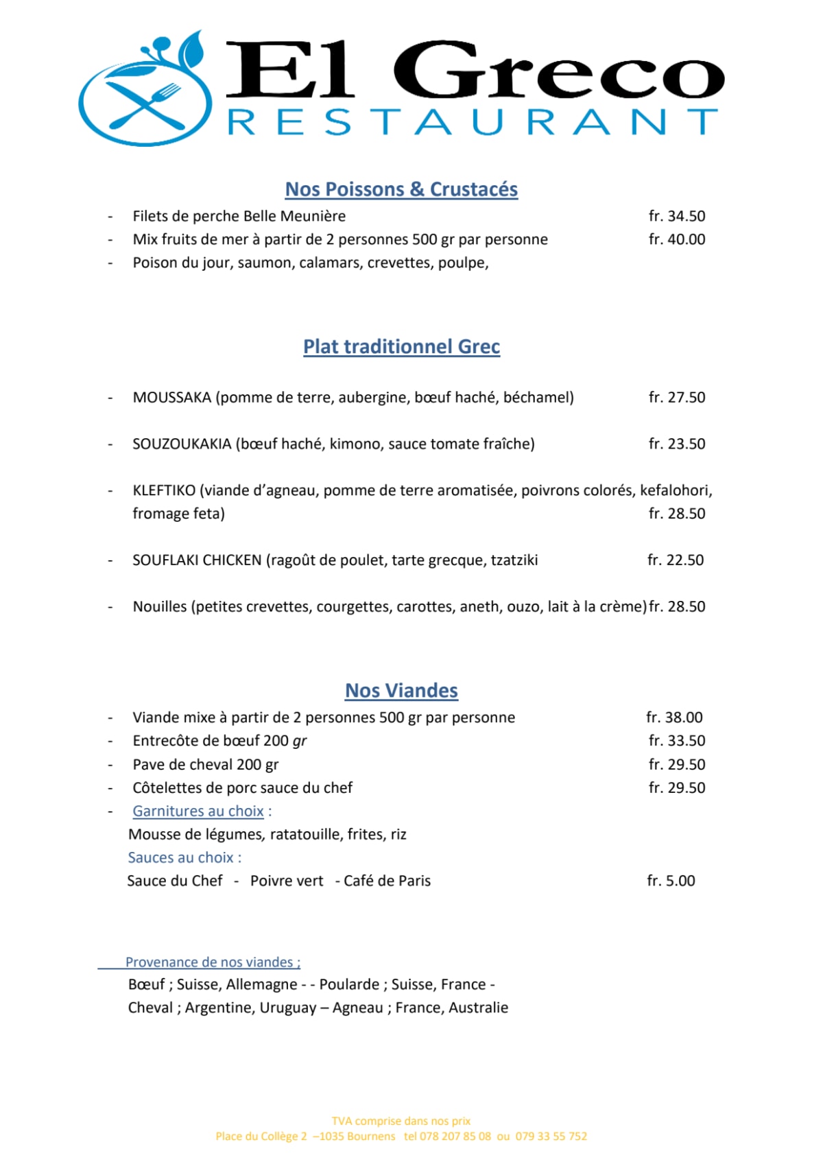 Carte et Menus 2024 - Restaurant El Greco à Bournens | TheFork