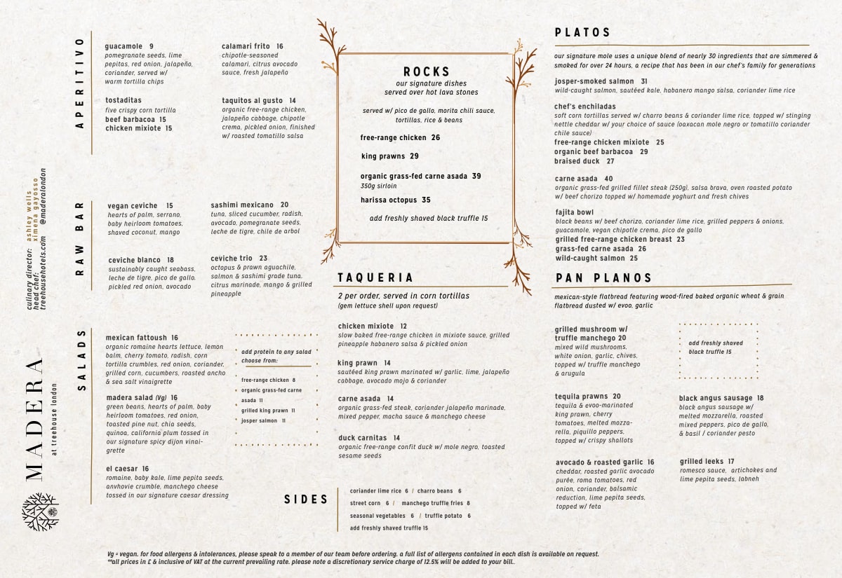 Menu 2024 - Madera at Treehouse Hotel in London | TheFork