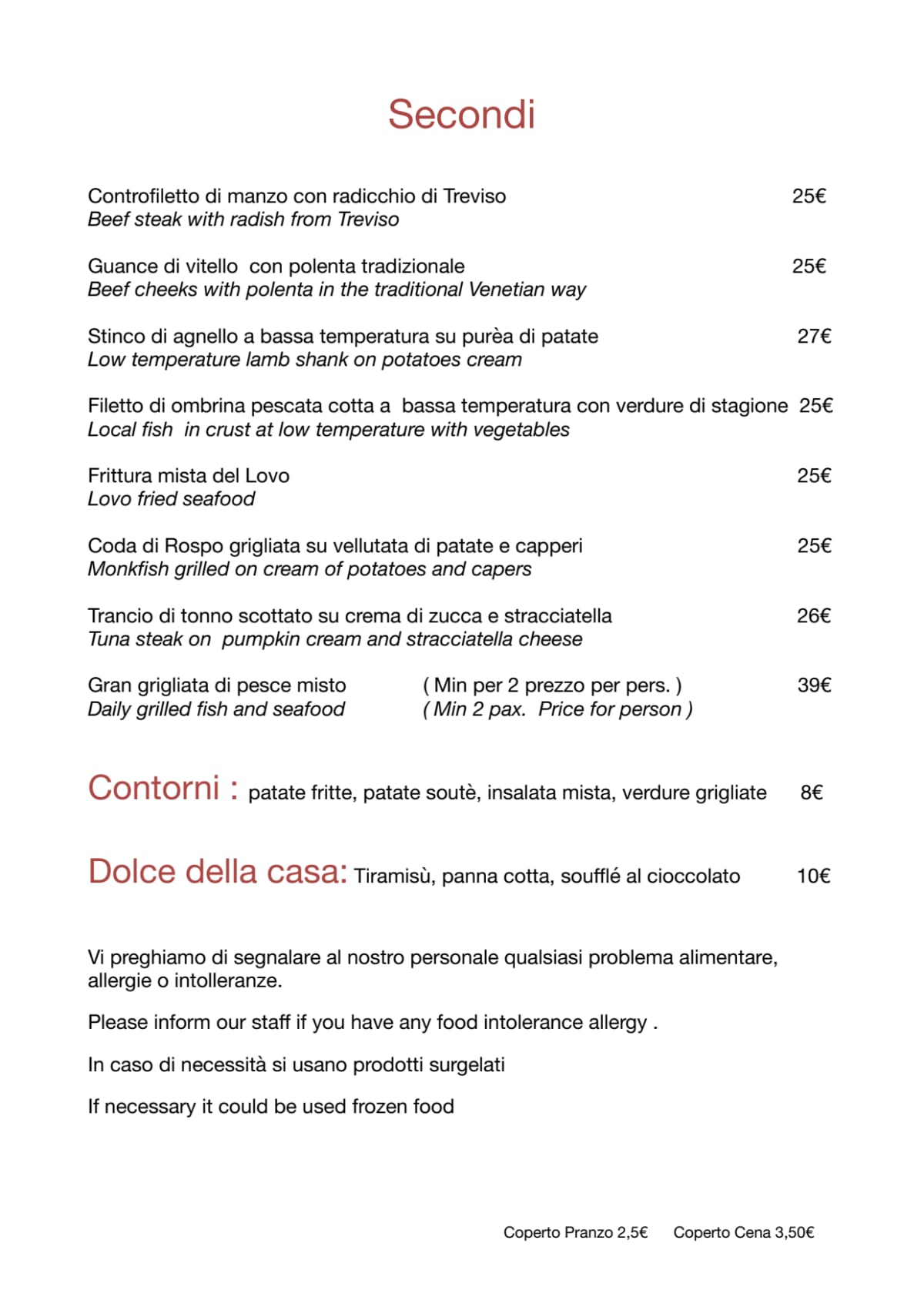 Menu 2024 - Osteria del Lovo in Venice | TheFork