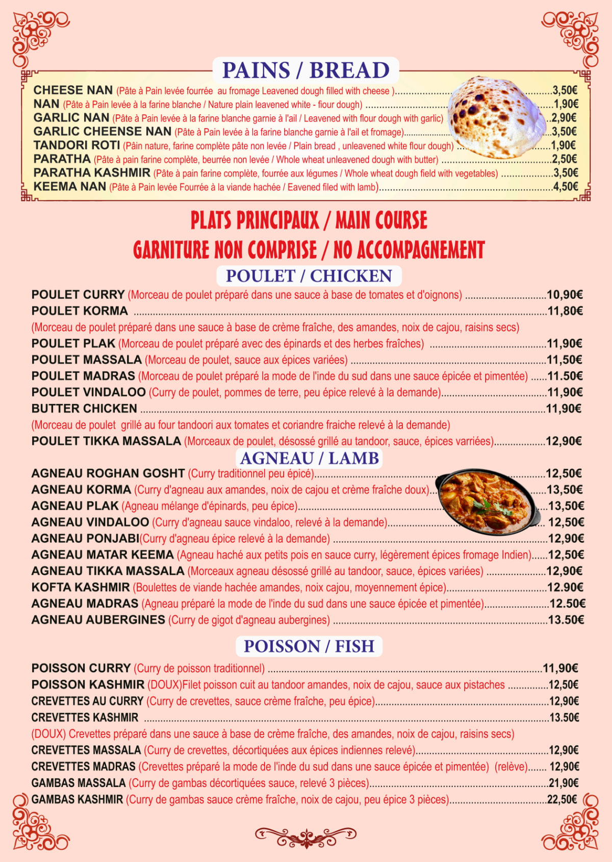 Carte et Menus 2024 - Les Délices Du Kashmir حلال à Les Pavillons-sous ...