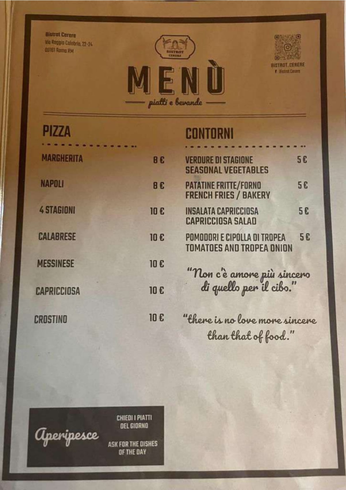 Carte et Menus 2024 - Bistrot Cerere à Rome | TheFork