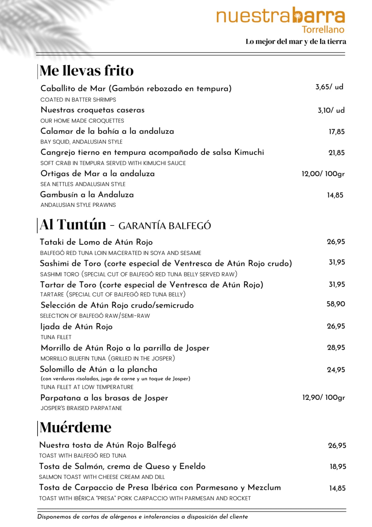 Menù completo e carta 2024 - Nuestra Barra Torrellano a Torre del Pla ...