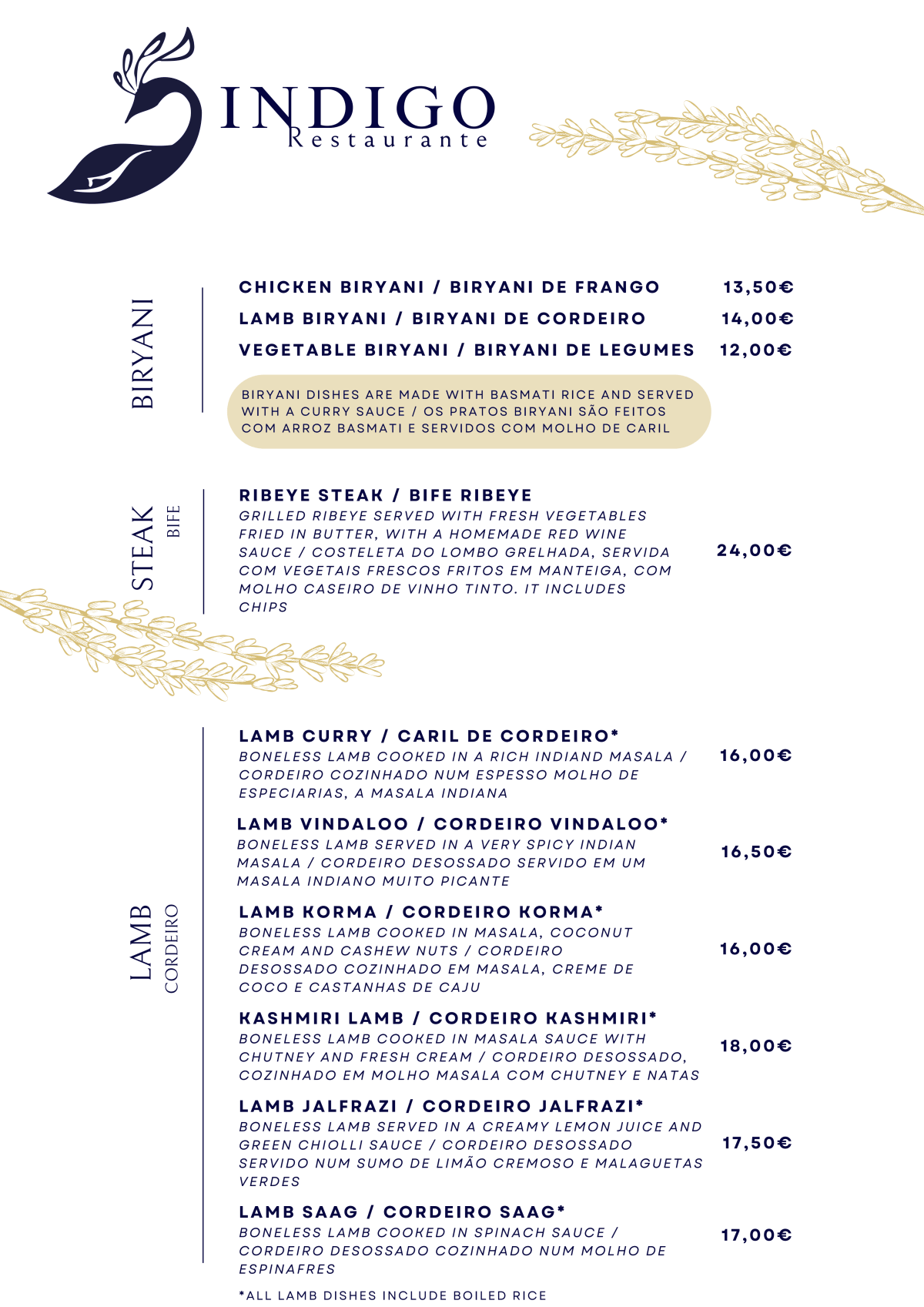 Menu 2024 - Indigo Restaurante in Ferragudo | TheFork