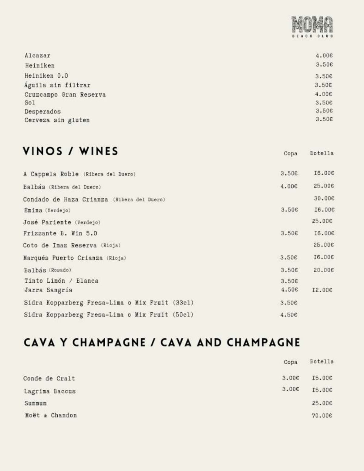 Menu 2024 - Moma Beach Club in Torremolinos | TheFork