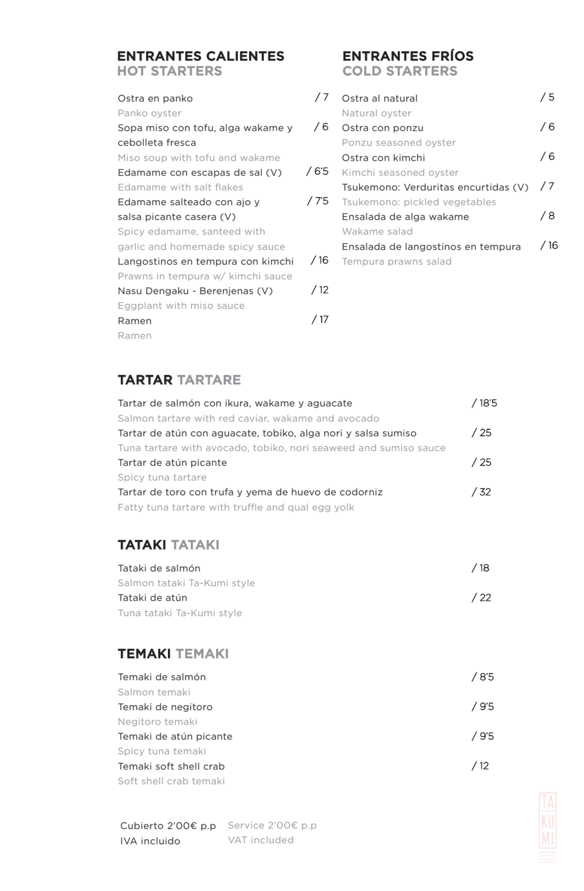 Menu 2024 - Ta-kumi Madrid in Madrid | TheFork