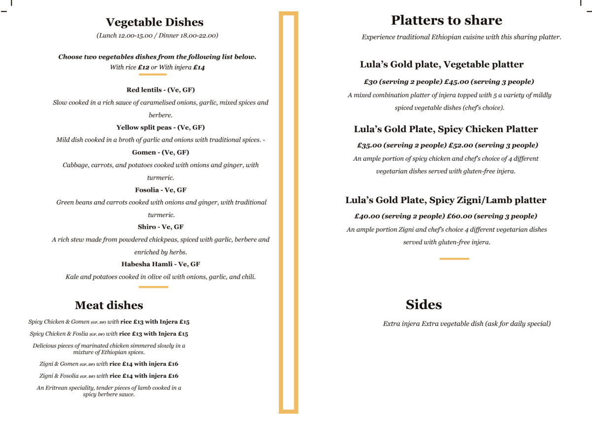Carte et Menus 2024 - Lula's Ethiopian Restaurant à Oxford | TheFork