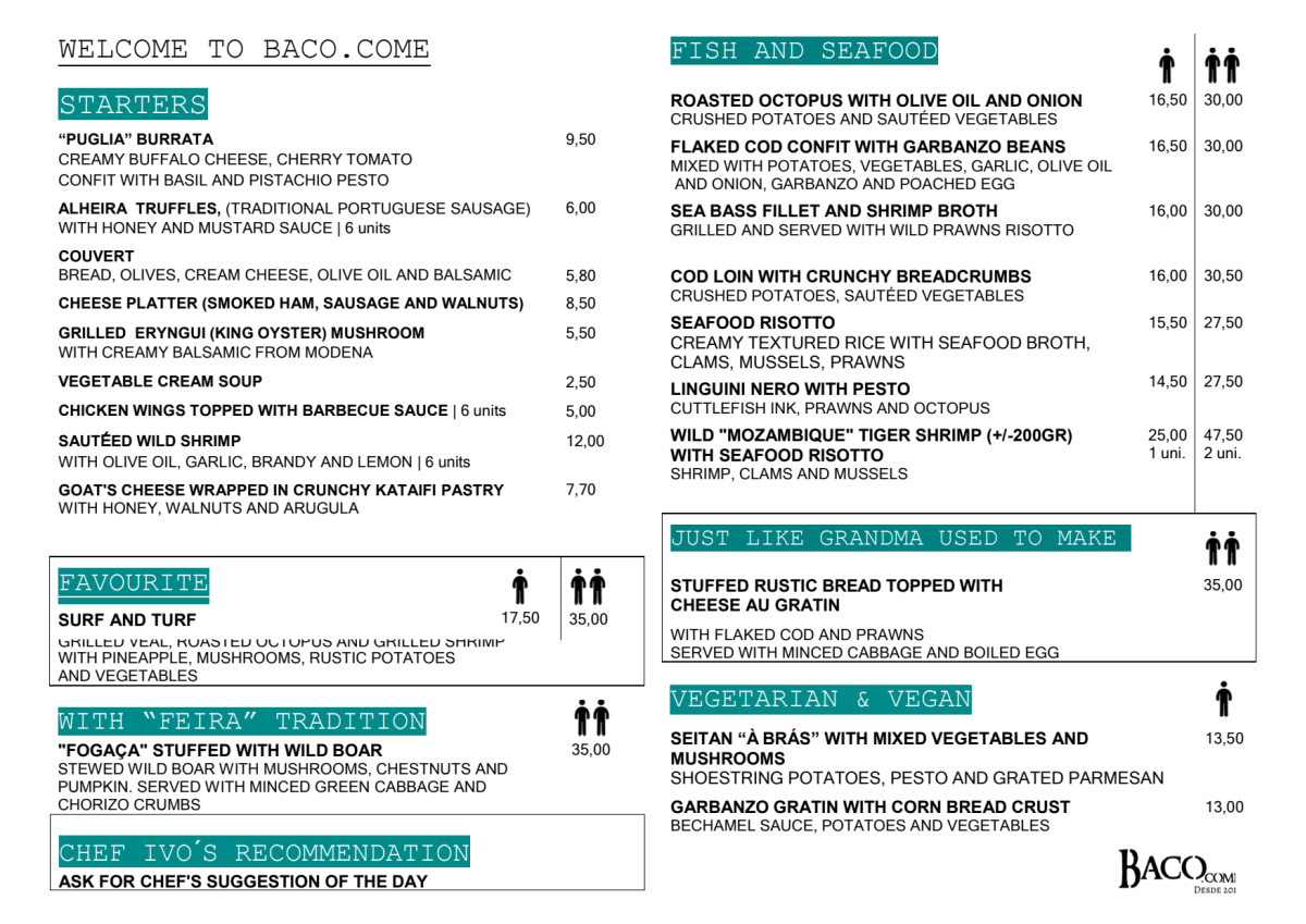 Carte et Menus 2024 - Baco.Come à Santa Maria da Feira | TheFork