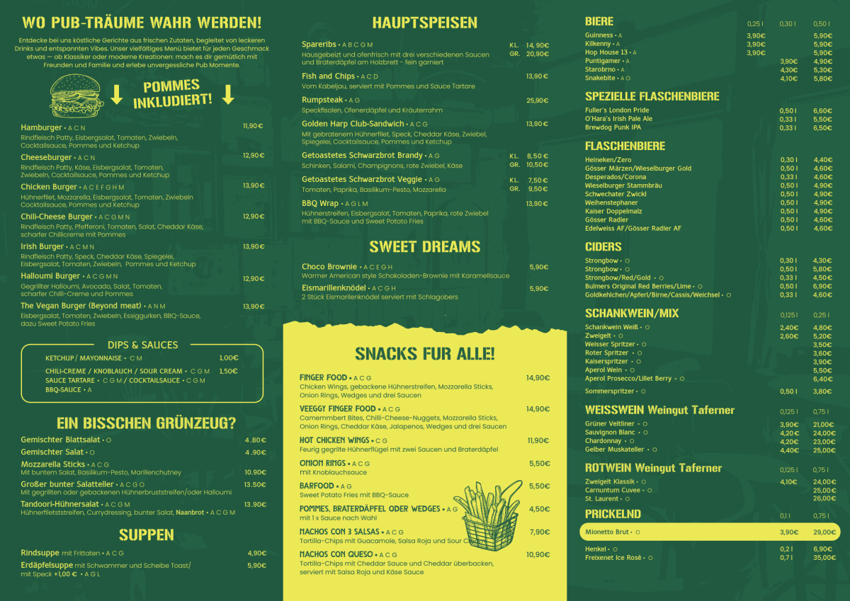 Speisekarte 2024 – The Golden Harp - Irish Pub Simmering in Wien – TheFork