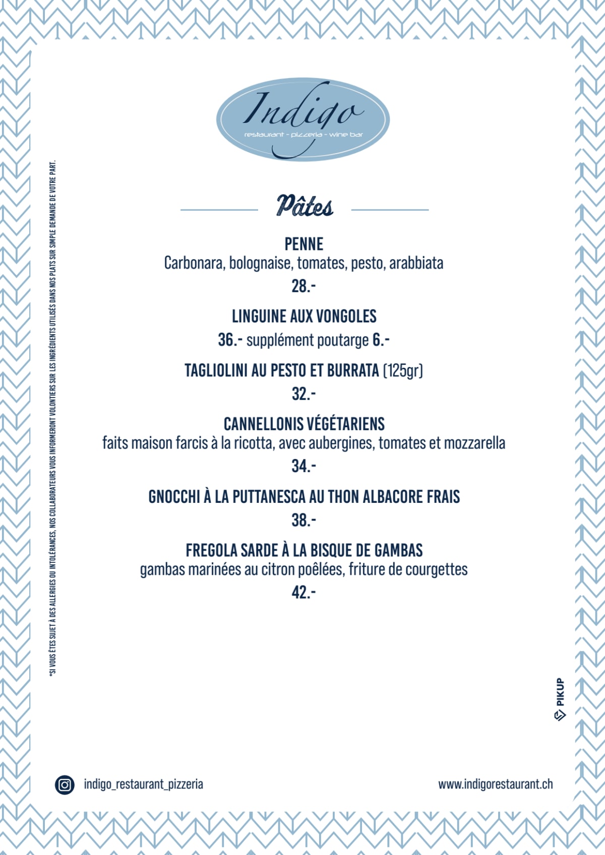 Carte et Menus 2024 - Indigo Restaurant à Genève | TheFork