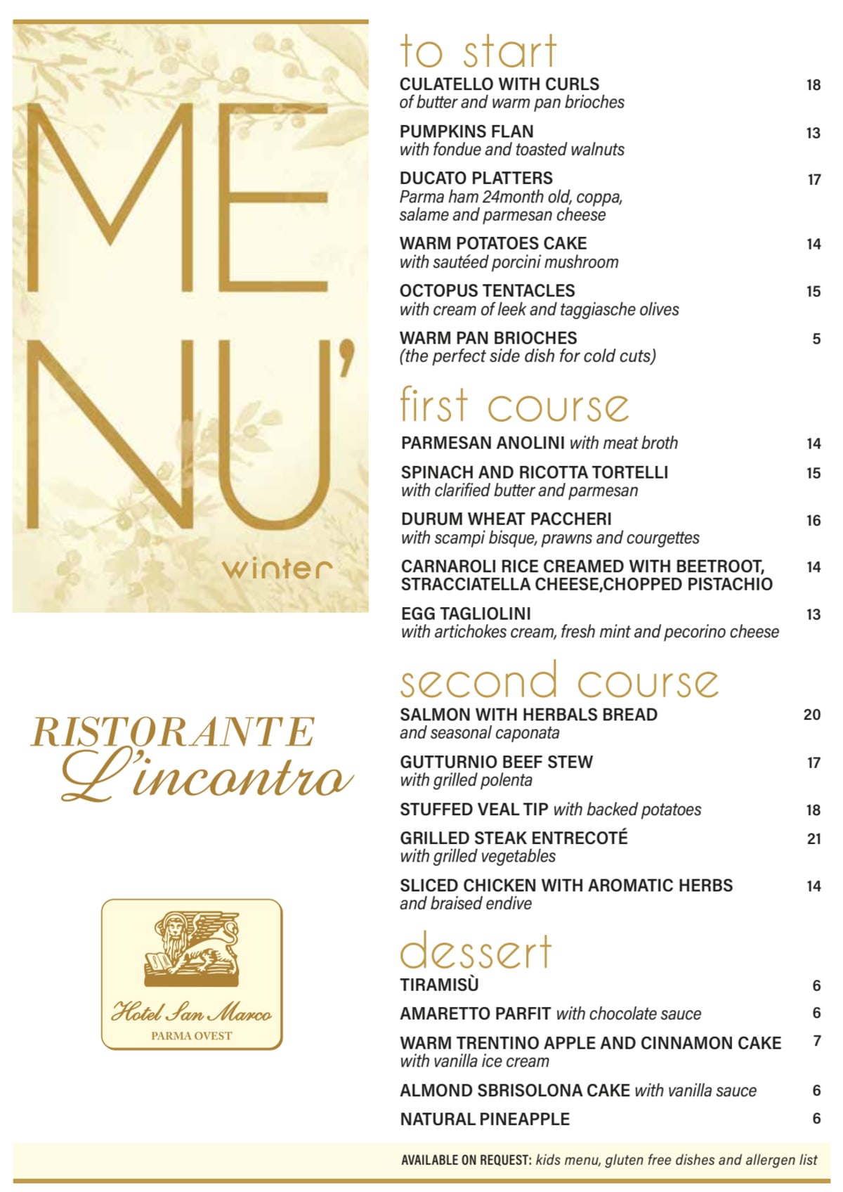 Carte et Menus 2024 - Ristorante L'incontro à Parme | TheFork