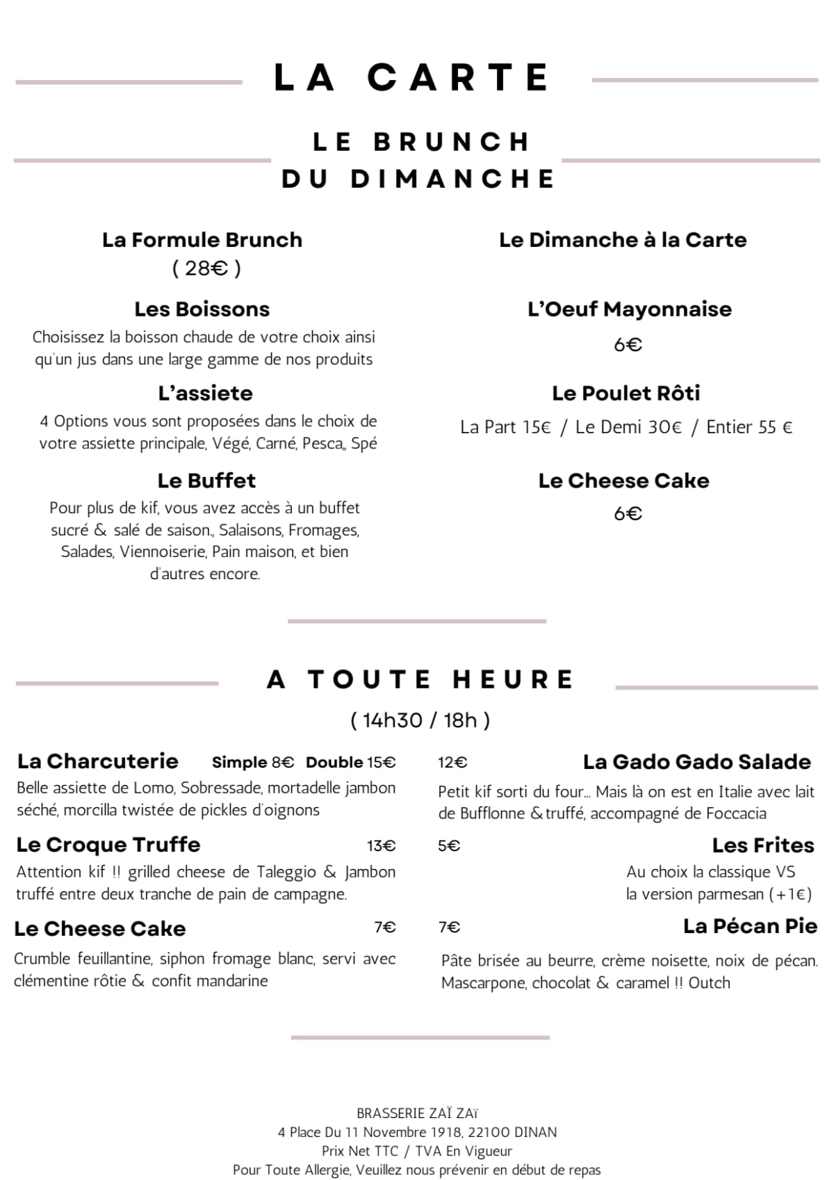Carte et Menus 2024 - Brasserie Zai Zai à Aucaleuc | TheFork