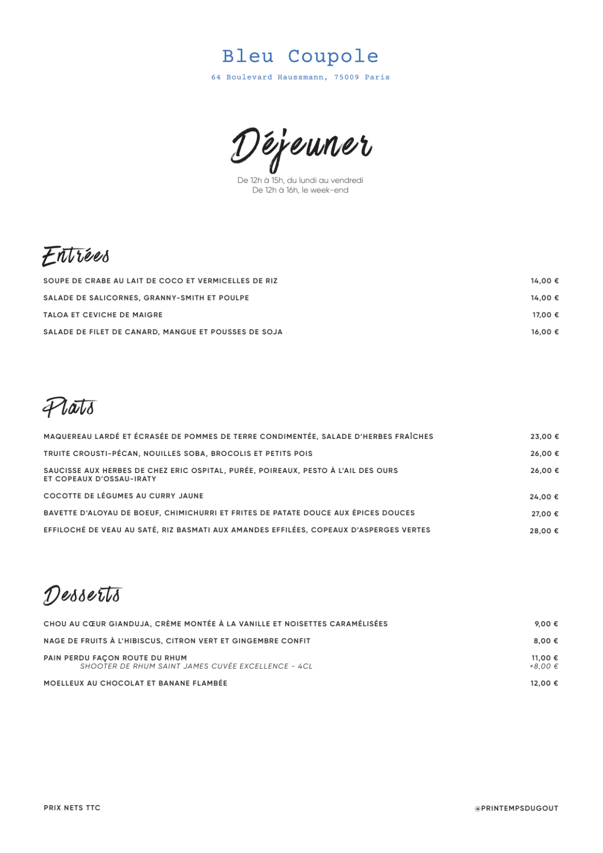 Carte et Menus 2023 - Bleu Coupole à Paris | TheFork