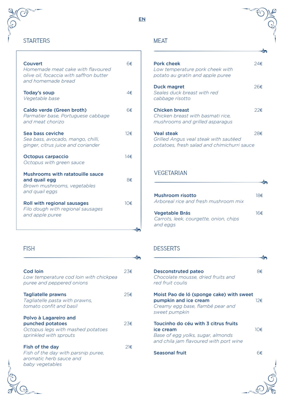 Carte et Menus 2024 - Restaurante Pateo - Eurostars Santa Luzia à ...