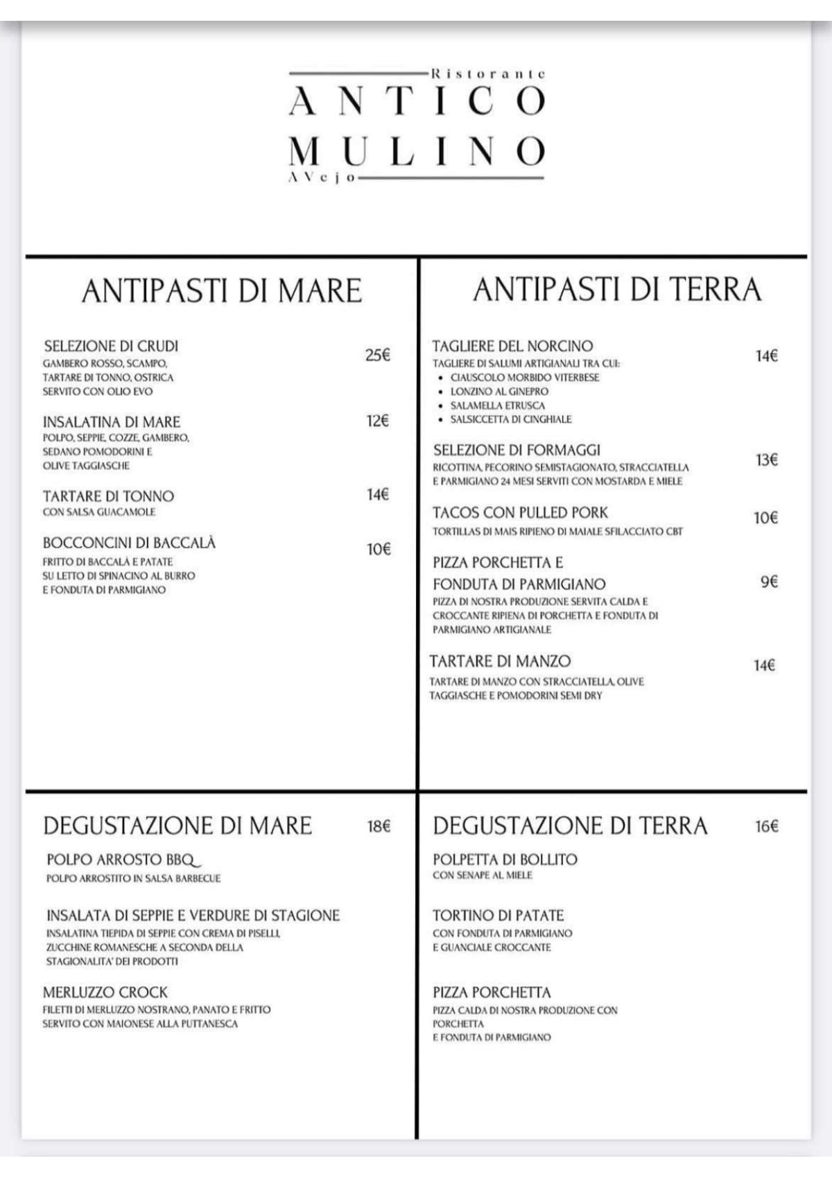 Menu 2024 - Antico Mulino a Vejo in Rome | TheFork