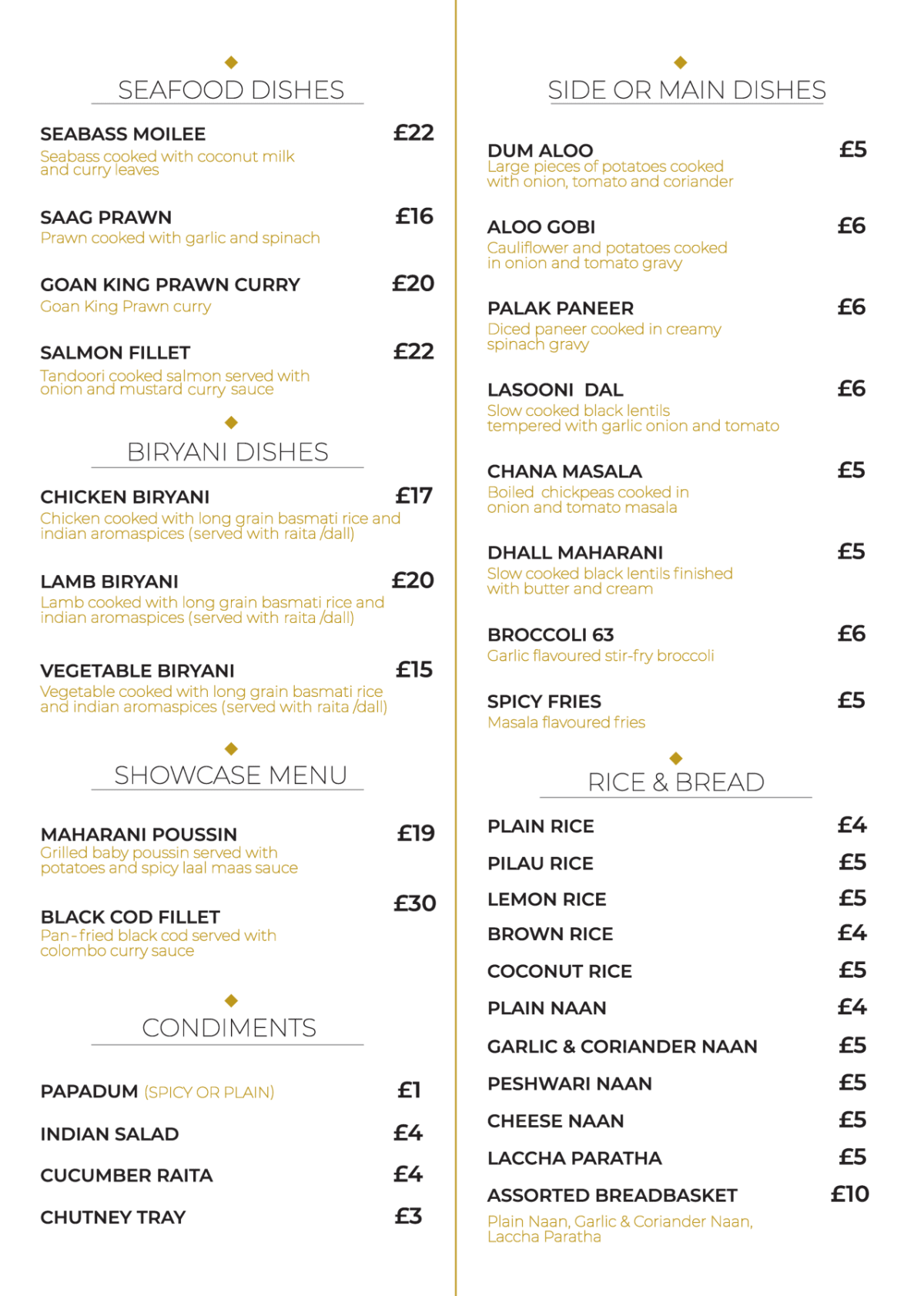 Carte et Menus 2024 - Maharani Palace à Londres | TheFork