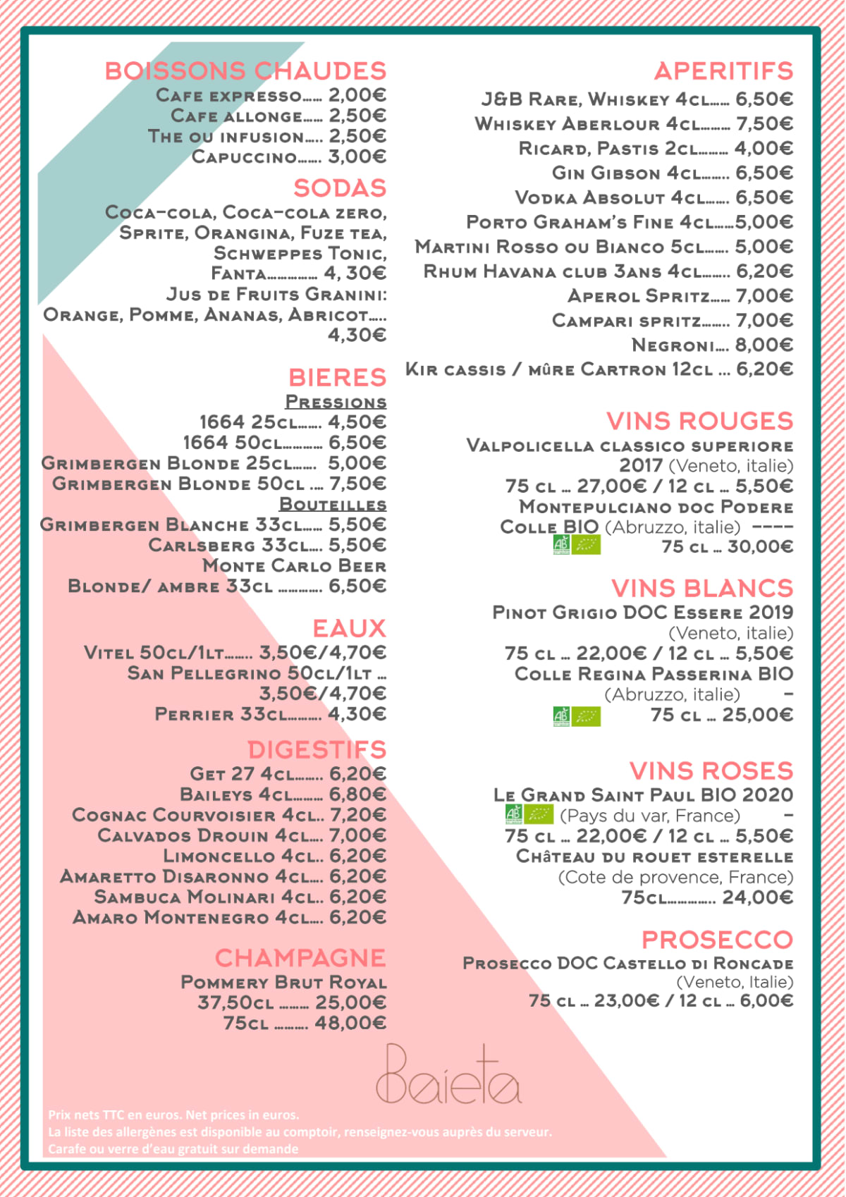Carte et Menus 2024 - Baieta Hotel Ibis à Nice | TheFork