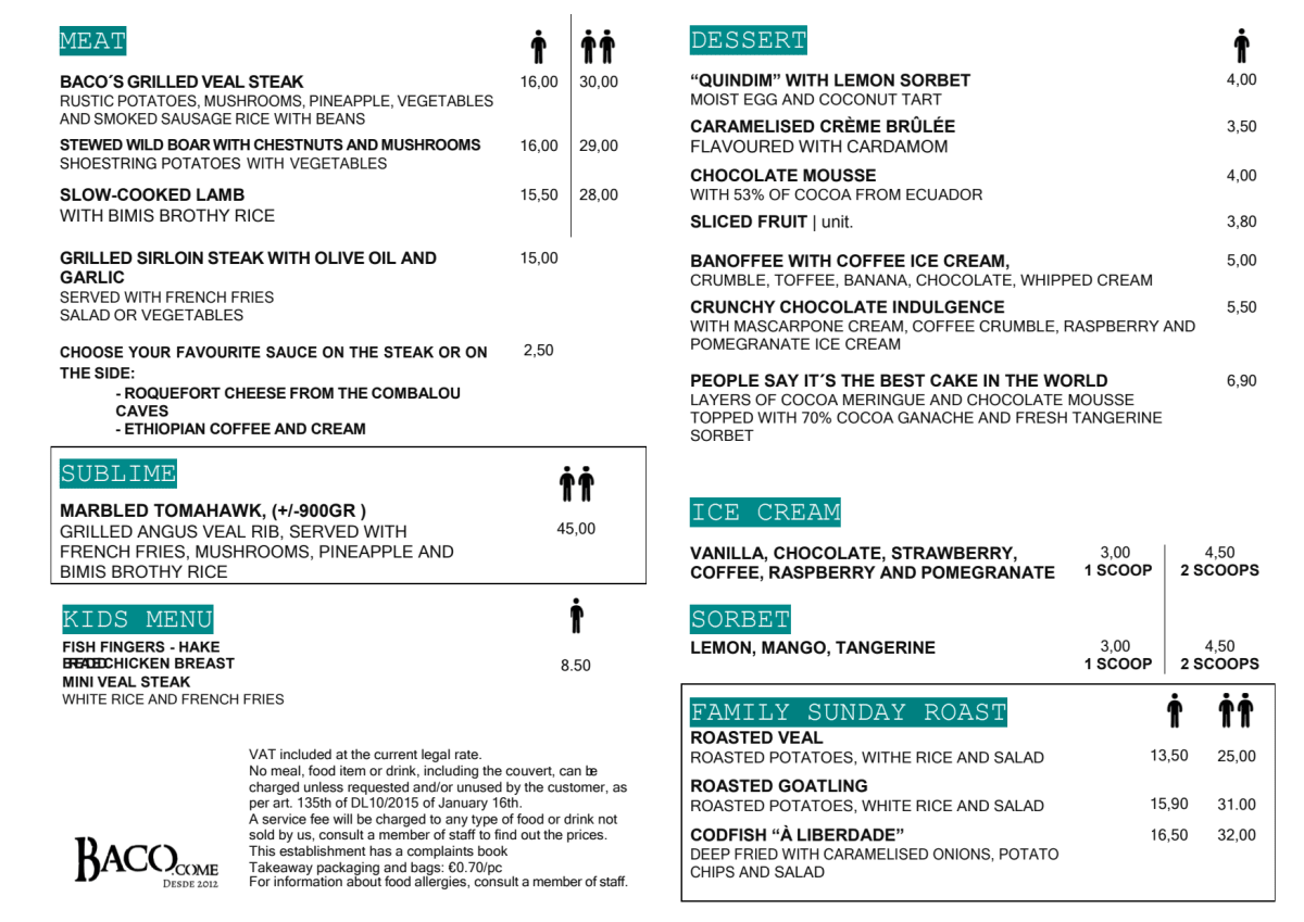 Carte et Menus 2024 - Baco.Come à Santa Maria da Feira | TheFork