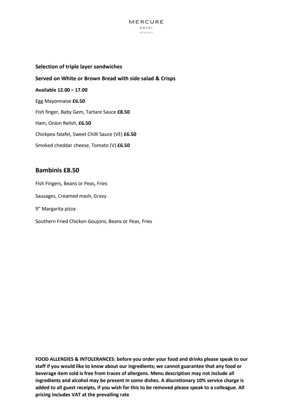 Menu 2024 - Mercure Newport em Newport | TheFork