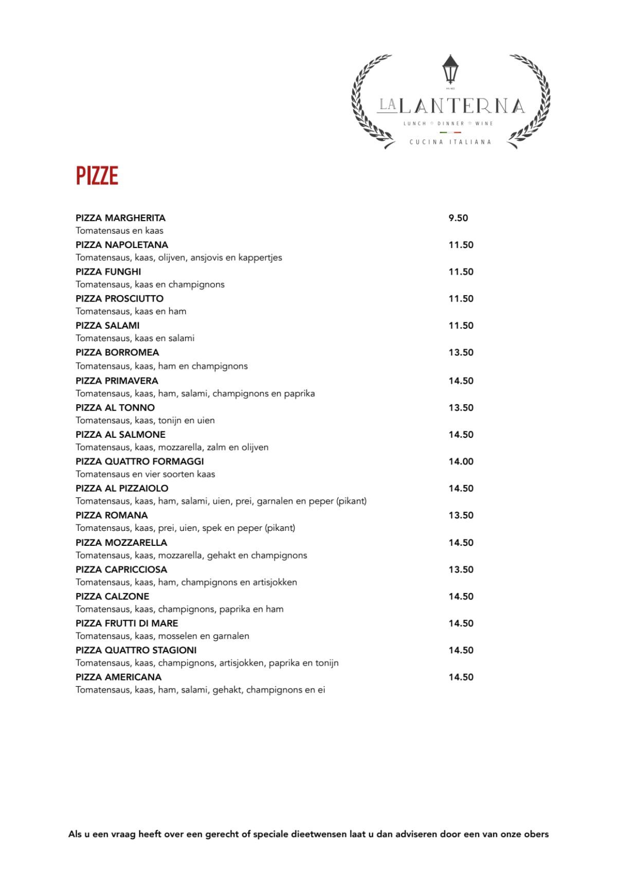 Carte et Menus 2024 - La Lanterna Scheveningen à La Haye | TheFork